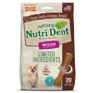 nylabone nutri dent dog dental chews - natural dog teeth cleaning & breath freshener - dental treats for dogs - filet mignon flavor, medium (20 count)