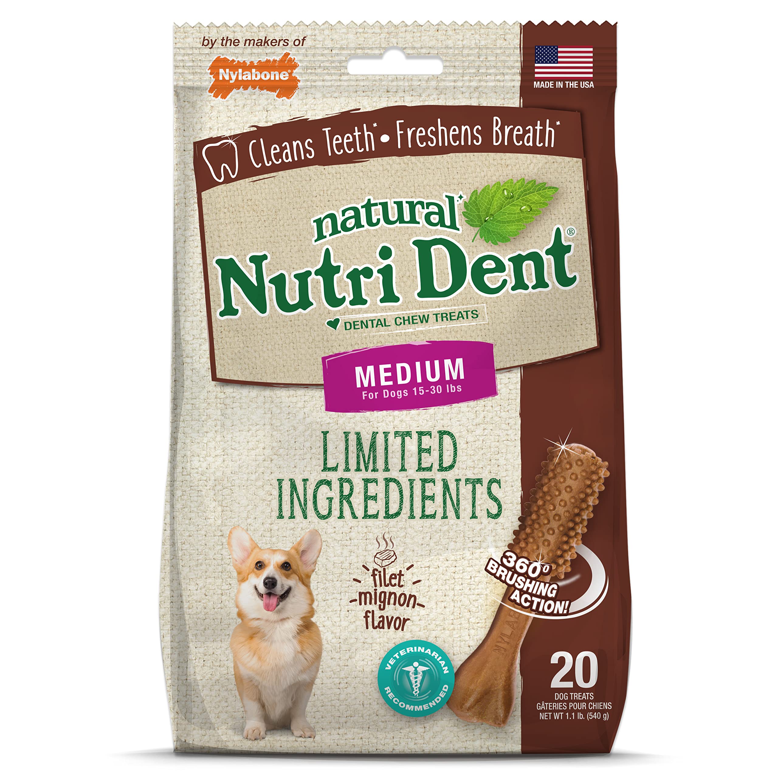 Nylabone Nutri Dent Dog Dental Chews - Natural Dog Teeth Cleaning & Breath Freshener - Dental Treats for Dogs - Filet Mignon Flavor, Medium (20 Count)