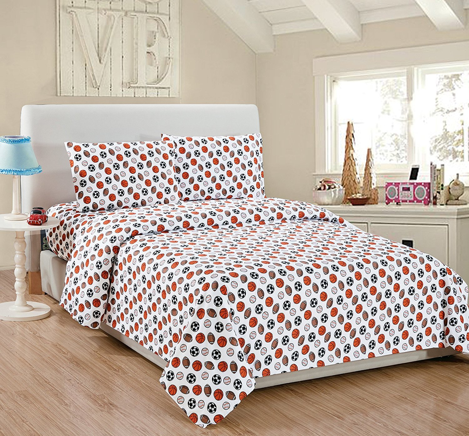 Fancy Collection Sheet Set Sport Baseball Basketball Football Soccer White Black Orange Brown New (Twin)