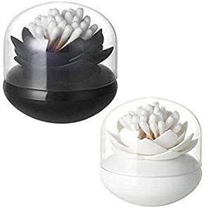 Lotus Cotton Swab Holder,Cotton Bud Small Q-tips Toothpicks Brushes Holder Box Case Storage Organizer Jar with Clear Lid Dustproof Cover (Black + White)