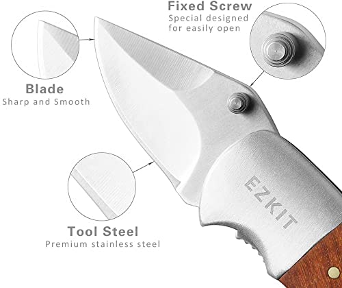 EZKIT Pocket Knife, Small Wood Handle 2in Blade Stainless Steel Everyday Carry Knife