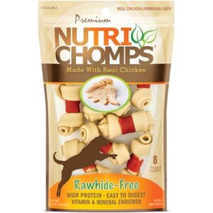 nutrichomps dog chews, 2.5-inch knots, easy to digest, long lasting, rawhide-free dog treats, 8 count, real chicken flavor