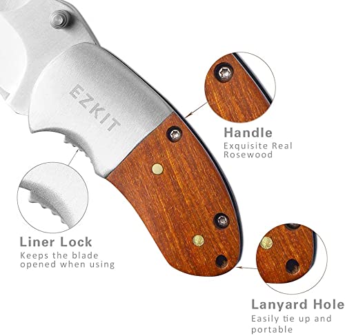 EZKIT Pocket Knife, Small Wood Handle 2in Blade Stainless Steel Everyday Carry Knife