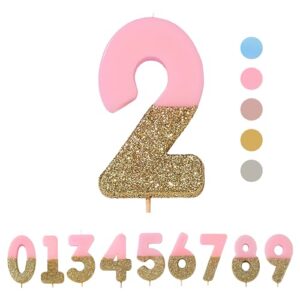 talking tables pink number 2 candle with gold glitter premium quality cake topper decoration for kids, adults, 21st birthday party, anniversary, milestone age, height 8cm, 3", pink2