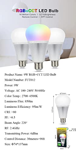 LGIDTECH FUT012 9W RGBWW Smart WiFi 2.4GHz LED Light Bulb RGB+CCT Color Changing & Temperature Adjustable with Memory.Remote and Gateway Hub for Smartphone APP Control All is Sold Separately