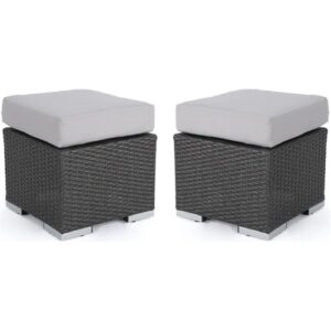 gdfstudio outdoor 16 inch grey wicker ottoman seat with silver water resistant cushion (set of 2)