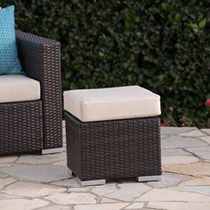 gdfstudio outdoor 16 inch multibrown wicker ottoman seat with beige water resistant cushion