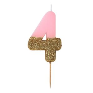 talking tables pink number 4 candle with gold glitter premium quality cake topper decoration for kids, adults, 40th birthday party, anniversary, milestone age, height 8cm, 3", pink4