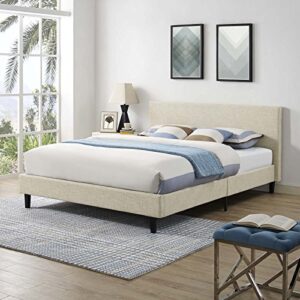 modway anya upholstered beige platform bed with wood slat support in queen