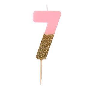 talking tables pink number 7 candle with gold glitter premium quality cake topper decoration for kids, adults, 7th, 70th birthday party, anniversary, milestone age, height 8cm, 3"