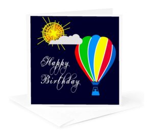 3drose greeting card - colorful hot air balloon, sun, text happy birthday on blue - alexis design - hot air balloon