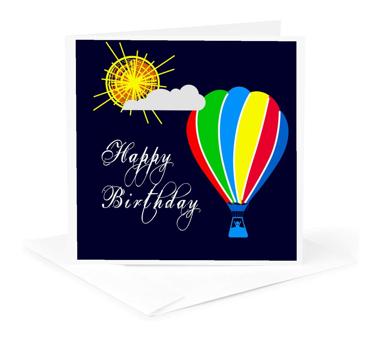 3dRose Greeting Card - Colorful hot air balloon, sun, text Happy Birthday on blue - Alexis Design - Hot Air Balloon