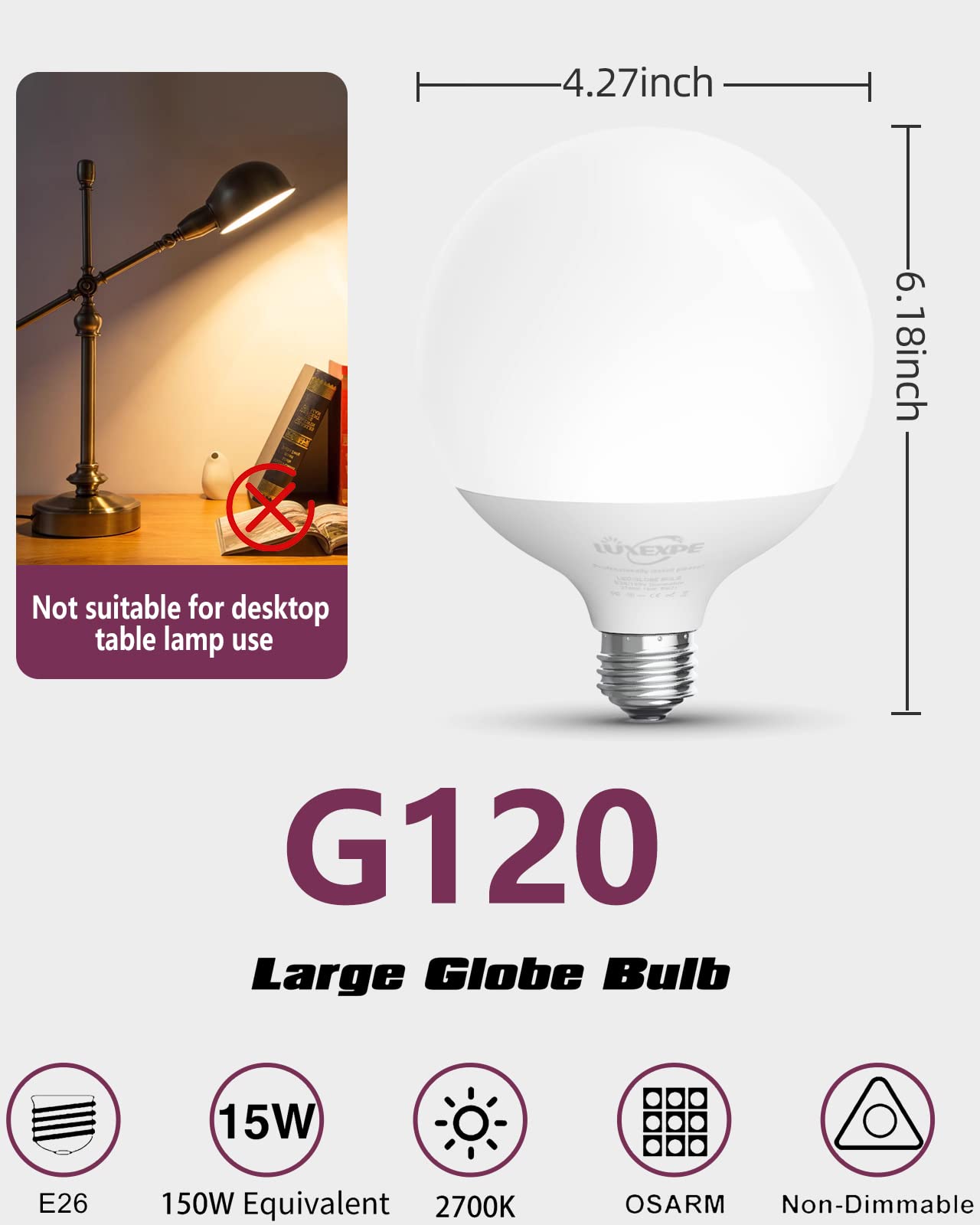 LUXEXPE Led Light Bulb, G120 Globe Bulb,15W(150W Equivalent) Led Bulbs Warm White 2700k Large Globe Light Bulbs, Non-Dimmable, E26 Base, 1500 Lume, Perfect for Indoor Living Room LED Bulbs