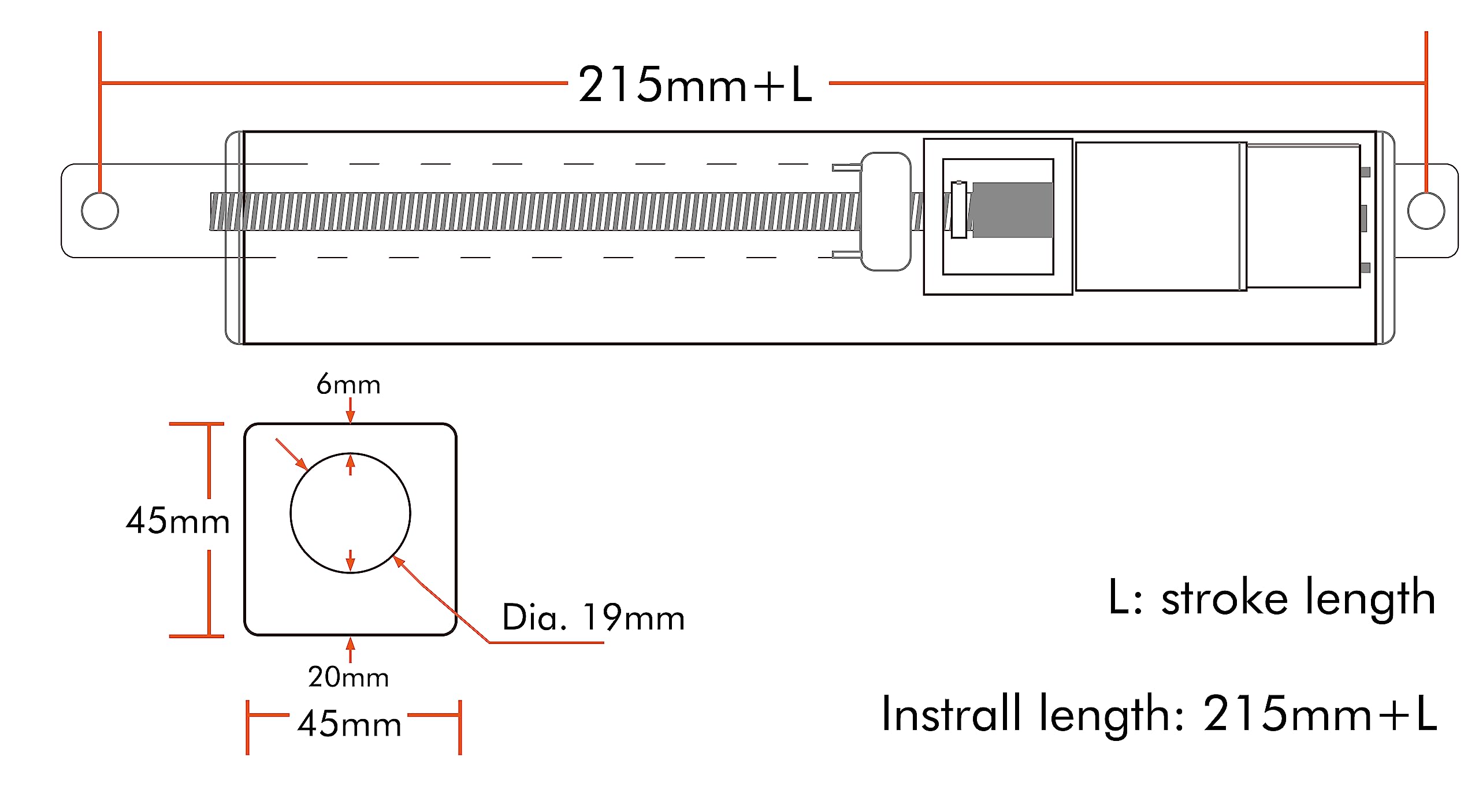 SOViK 12V DC 30 inch Stroke Linear Actuator Electric Cylinder with Mounting Brackets Max Force 150 pounds Speed 3/5" per sec Square Tube 7/4"(W) x*7/4"(H) (Solid Shaft End)