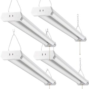 oooled 4ft linkable led shop light for garages,42w 4800lm 5000k daylight white,led ceiling light, with pull chain (on/off),linear worklight fixture with plug,5-year-warranty,5000k 4pk