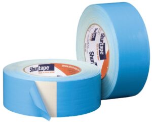 shurtape df 545 double-sided carpet and duct tape, sticks to hardwood, concrete, tile and more, natural with blue liner, 48mm x 33 meters, 1 roll (152496)