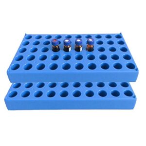 (2 packs) vial rack, 2ml hplc sample bottles rack single blue holds 50 standard 12 mm 2 ml vials, stackable tube rack