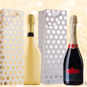 UNIQOOO 12Pcs Premium Quality Gold & Silver Metallic Foil Polka Dots Wine Gift Bag Bulk, w/Gift Massage Tag,100% Recyclable Paper,14"x4.75"x3.5" Wine Carrier Bags Tote Gift Bags, Party Gift Wrapping