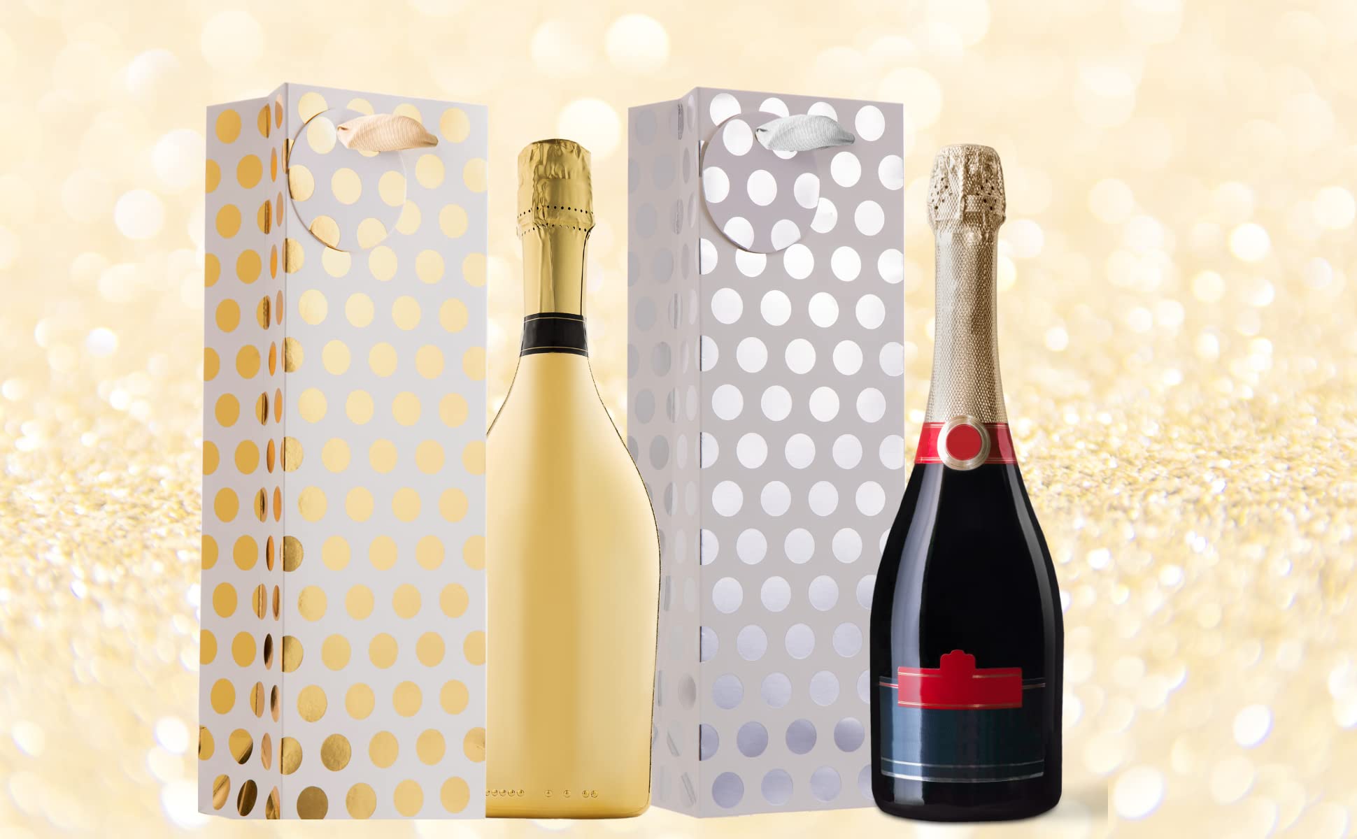 UNIQOOO 12Pcs Premium Quality Gold & Silver Metallic Foil Polka Dots Wine Gift Bag Bulk, w/Gift Massage Tag,100% Recyclable Paper,14"x4.75"x3.5" Wine Carrier Bags Tote Gift Bags, Party Gift Wrapping