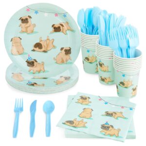 144 piece pug party supplies, dog birthday decorations with paper plates, napkins, cups, and cutlery (serves 24)