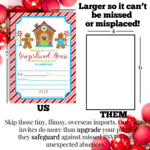 Amanda Creation Christmas Invitations with Envelopes – Gingerbread House Decorating, 20 Pack 5x7 Double Sided Fill-In Invite Cards with Twenty White Envelopes Perfect for Christmas Birthday Parties