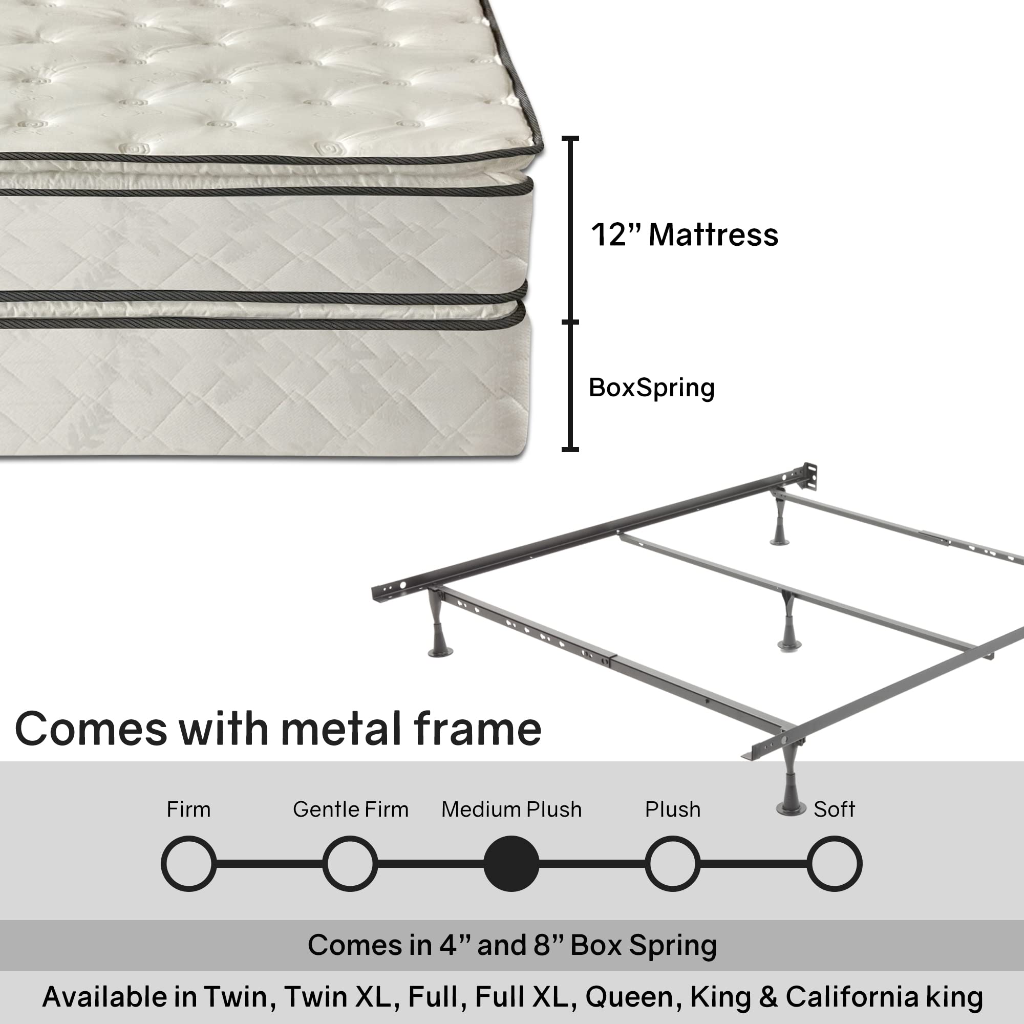 Mattress Solution 12-Inch Medium Plush Double sided Pillowtop Innerspring Mattress And 8" Wood Box Spring/Foundation Set With Frame, Full