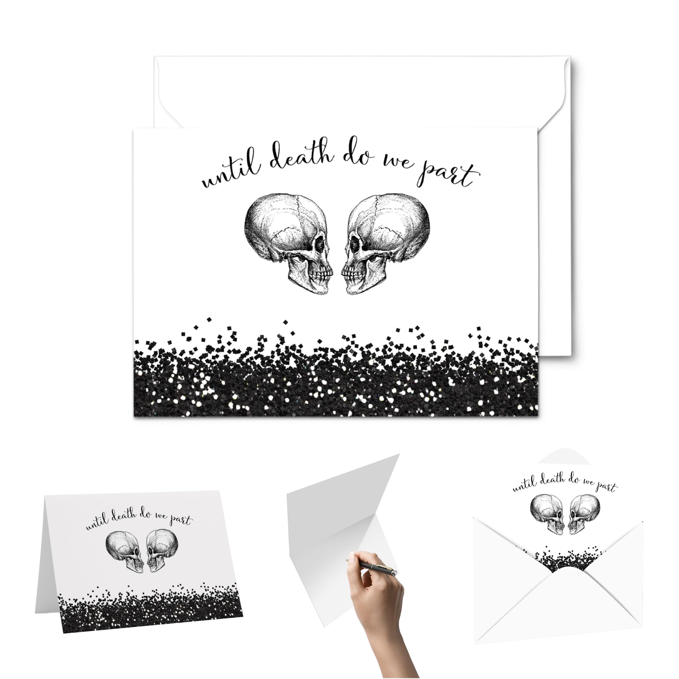 Glam Skull Thank You Cards with Envelopes Wedding, Gothic Bridal Shower, Engagement Party, Rehearsal Dinner, Black and White Everyday Essentials, Simple Halloween Note Set Folded, 20 Pack