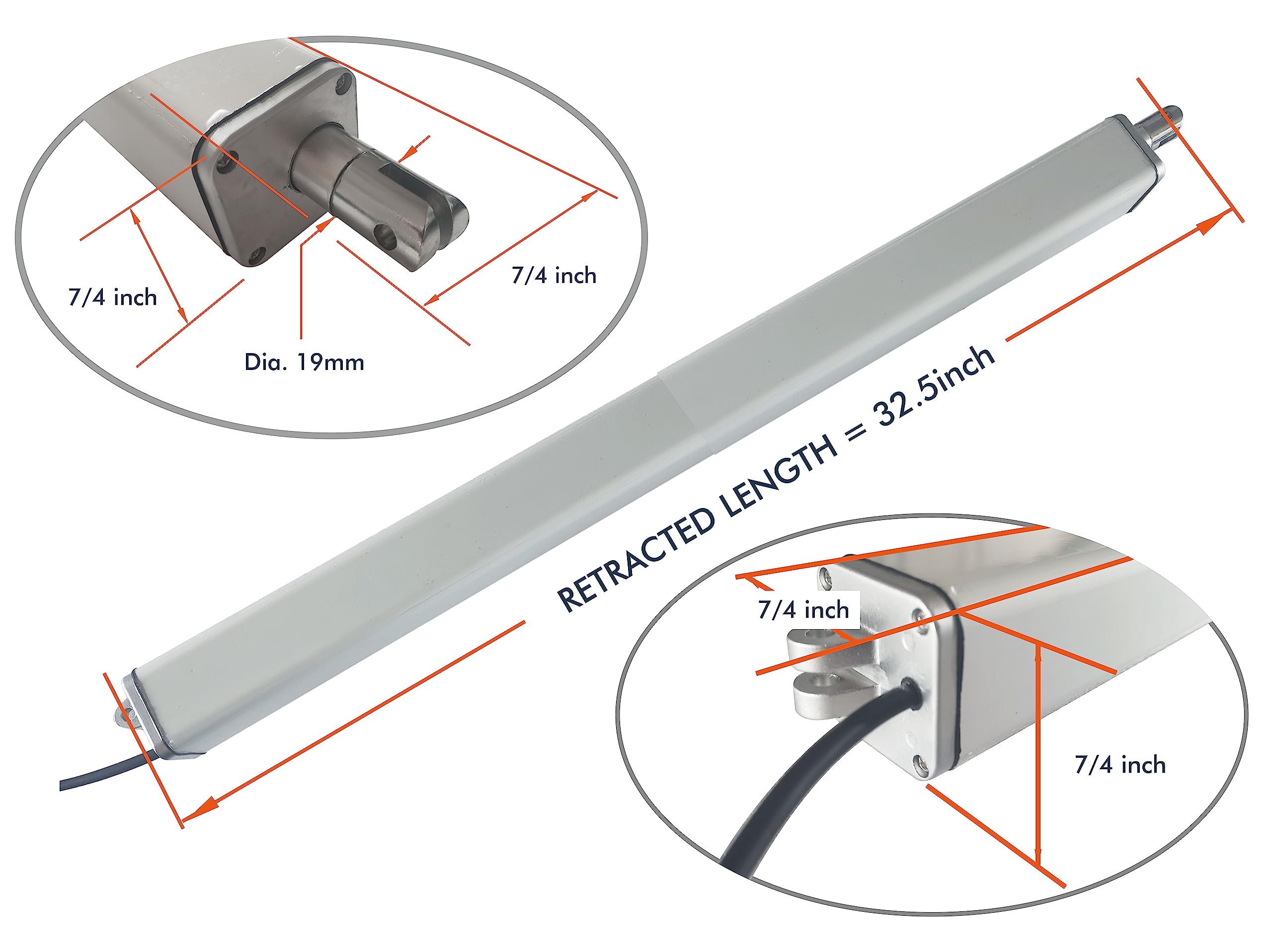 SOViK 12V DC 24 inch Stroke Linear Actuator Electric Cylinder with Mounting Brackets Max Force 150 pounds Speed 3/5" per sec Square Tube 7/4"(W) x7/4"(H) (Slotted Shaft End)