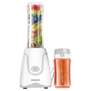 sencor smoothie blender, blender for fitness shakes and smoothies, portable personal blender for frozen protein juice drinks. smoothie maker with extra blender cup and lid. 300w white