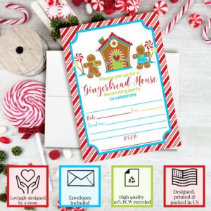 Amanda Creation Christmas Invitations with Envelopes – Gingerbread House Decorating, 20 Pack 5x7 Double Sided Fill-In Invite Cards with Twenty White Envelopes Perfect for Christmas Birthday Parties