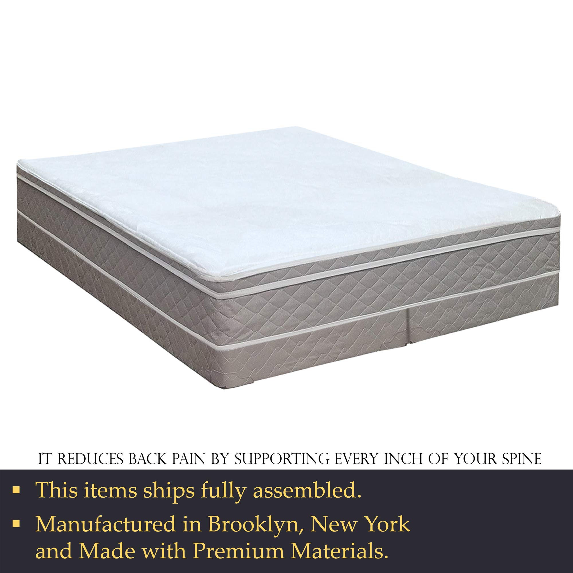 Mattress Comfort Medium Plush Eurotop Pillowtop Innerspring Mattress and 4" Low Profile Wood Boxspring/Foundation Set, with Frame, Full Size