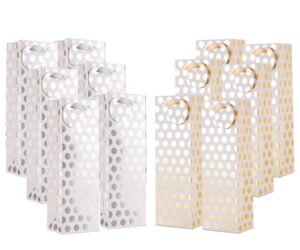 uniqooo 12pcs premium quality gold & silver metallic foil polka dots wine gift bag bulk, w/gift massage tag,100% recyclable paper,14"x4.75"x3.5" wine carrier bags tote gift bags, party gift wrapping