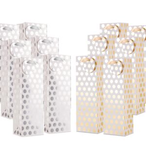 UNIQOOO 12Pcs Premium Quality Gold & Silver Metallic Foil Polka Dots Wine Gift Bag Bulk, w/Gift Massage Tag,100% Recyclable Paper,14"x4.75"x3.5" Wine Carrier Bags Tote Gift Bags, Party Gift Wrapping