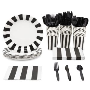 blue panda 144 piece black and white party decorations - serves 24 striped party supplies with plates, napkins, cups and cutlery for birthday, graduation