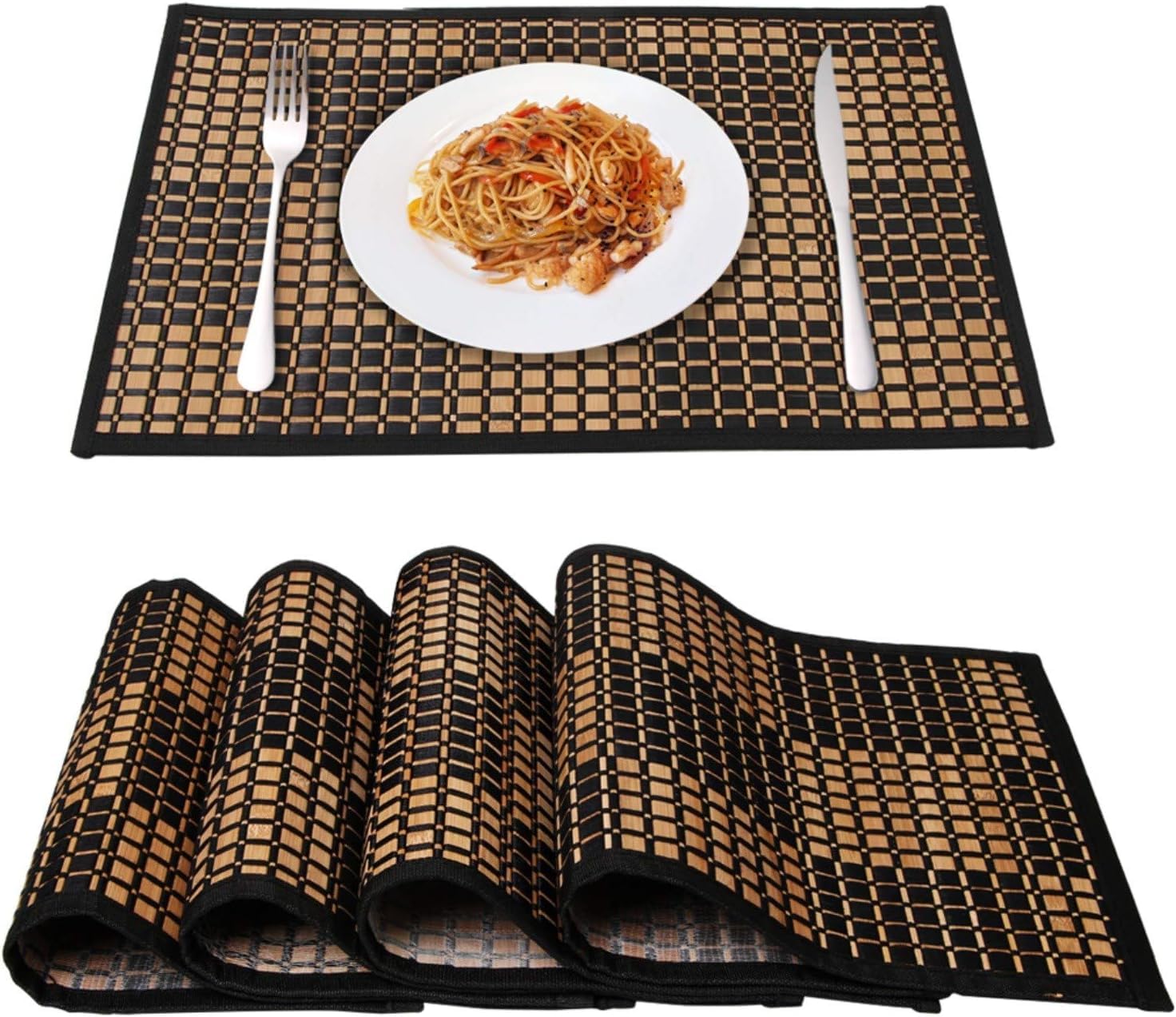 Bamboo Placemats for Dining Table, Placemats Set of 4,Stain-Resistant,Heat-Resistant Place Mats,Durable and Sturdy Dining Place Mats for Kitchen Table (Black)