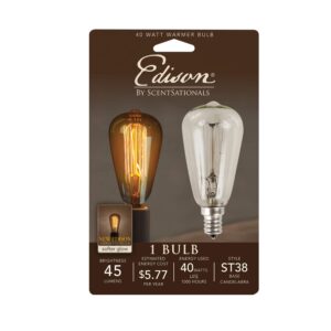 scentsationals 40w bulb for edison wax warmer single unit - 40 watt light candelabra e12 base - retro vintage replacement electric plug-in wax melter, certified style st38 120 volt (1 pack)