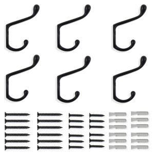 brightmaison 6 pack heavy duty dual 3.5inch coat hooks wall mounted with 24 screws retro double hooks utility black hooks for coat, scarf, bag, towel, key, cap, cup, hat (black)