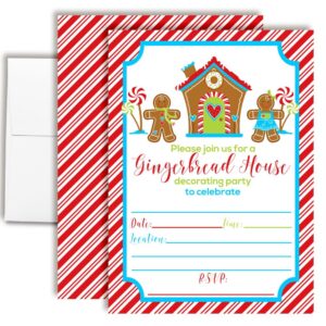 amanda creation christmas invitations with envelopes – gingerbread house decorating, 20 pack 5x7 double sided fill-in invite cards with twenty white envelopes perfect for christmas birthday parties