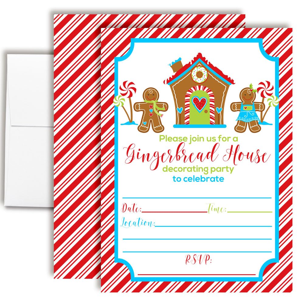 Amanda Creation Christmas Invitations with Envelopes – Gingerbread House Decorating, 20 Pack 5x7 Double Sided Fill-In Invite Cards with Twenty White Envelopes Perfect for Christmas Birthday Parties