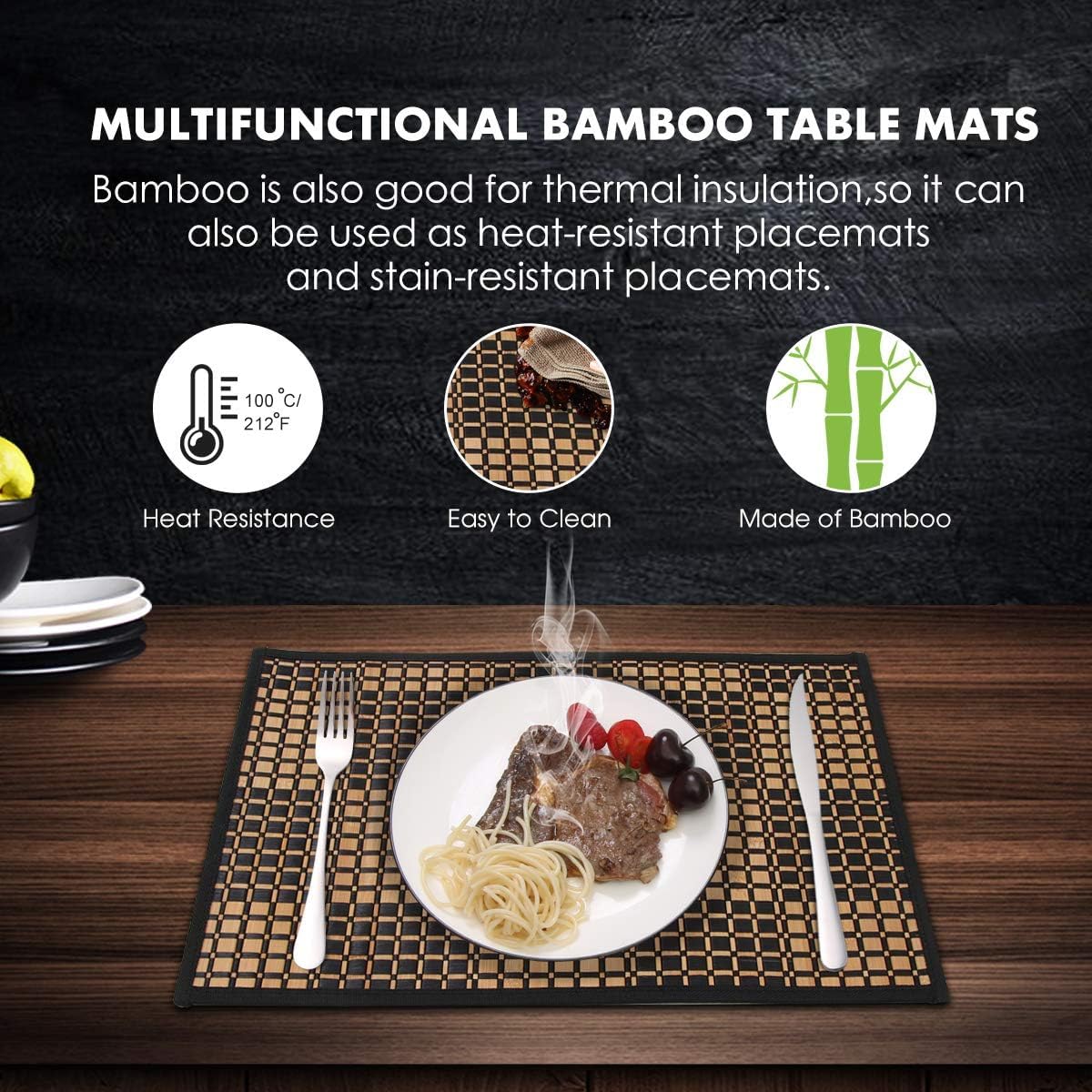 Bamboo Placemats for Dining Table, Placemats Set of 4,Stain-Resistant,Heat-Resistant Place Mats,Durable and Sturdy Dining Place Mats for Kitchen Table (Black)