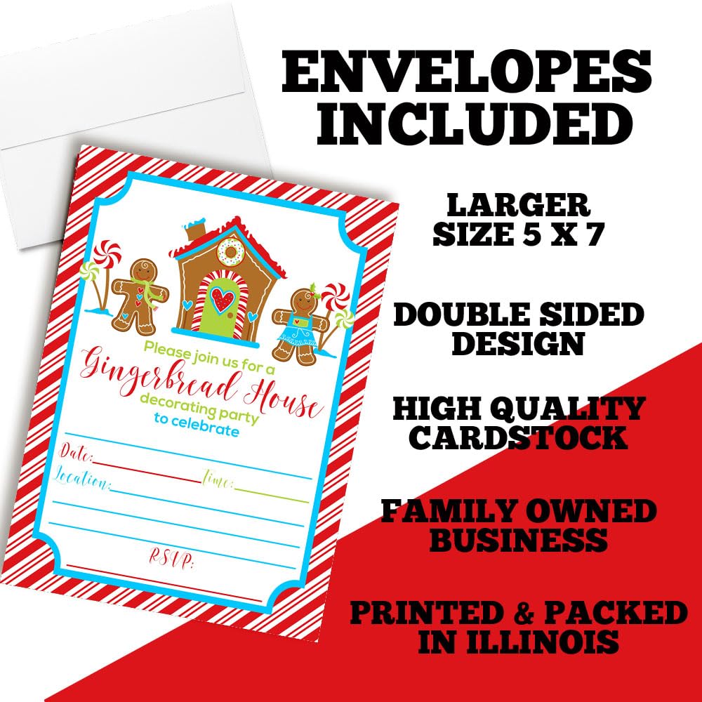 Amanda Creation Christmas Invitations with Envelopes – Gingerbread House Decorating, 20 Pack 5x7 Double Sided Fill-In Invite Cards with Twenty White Envelopes Perfect for Christmas Birthday Parties