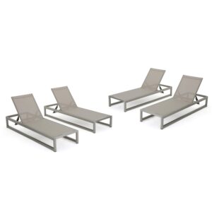 christopher knight home chloe outdoor mesh chaise lounge with aluminum frame, 4-pcs set, grey / silver