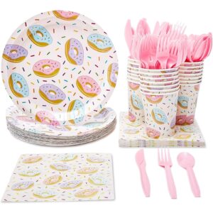 juvale 144 piece donut grow up party supplies - serves 24 sprinkle paper plates, napkins, cups and cutlery for two sweet birthday decorations