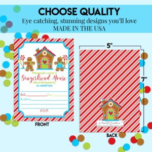 Amanda Creation Christmas Invitations with Envelopes – Gingerbread House Decorating, 20 Pack 5x7 Double Sided Fill-In Invite Cards with Twenty White Envelopes Perfect for Christmas Birthday Parties