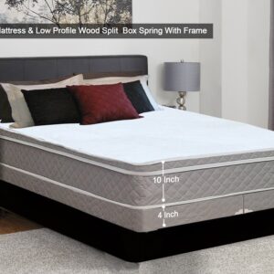 Mattress Comfort Medium Plush Eurotop Pillowtop Innerspring Mattress and 4" Low Profile Wood Boxspring/Foundation Set, with Frame, Full Size