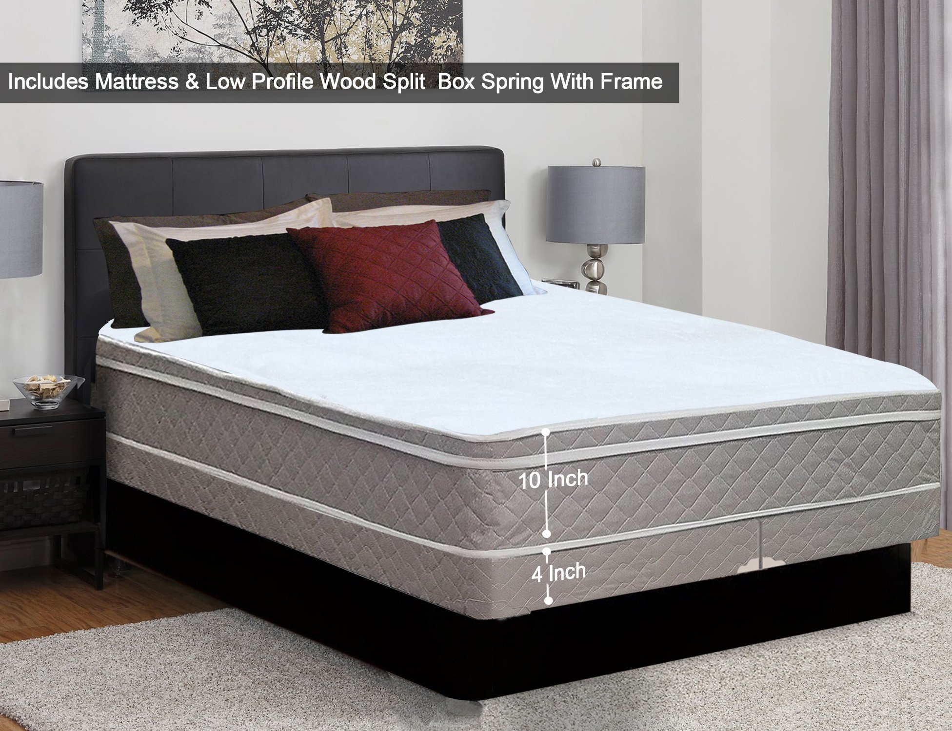 Mattress Comfort Medium Plush Eurotop Pillowtop Innerspring Mattress and 4" Low Profile Wood Boxspring/Foundation Set, with Frame, Full Size