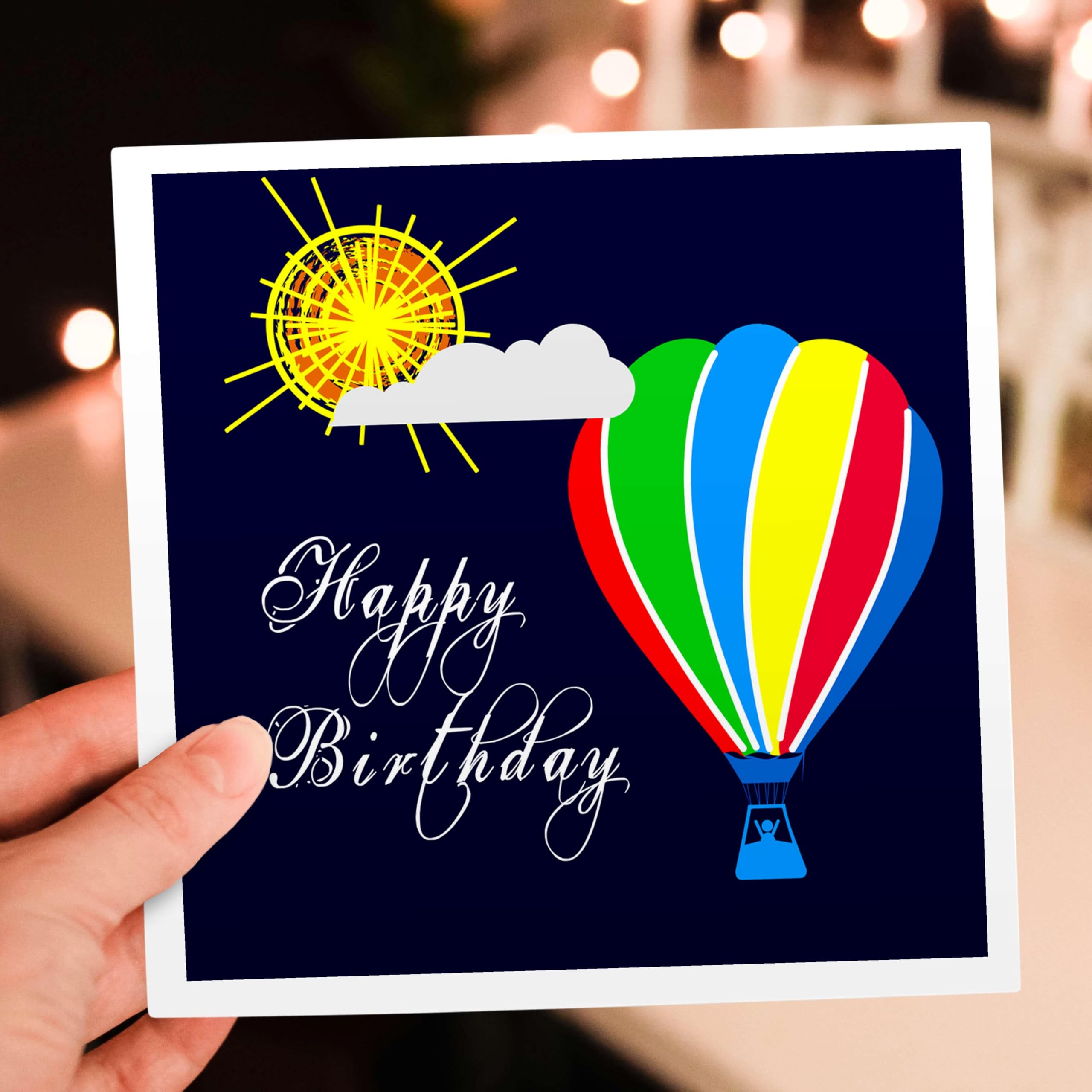 3dRose Greeting Card - Colorful hot air balloon, sun, text Happy Birthday on blue - Alexis Design - Hot Air Balloon