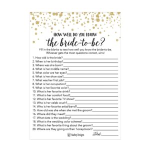 hadley designs 25 black and gold how well do you know the bride to be bridal wedding shower or bachelorette party game, couples guessing question set of cards pack, printed engagement