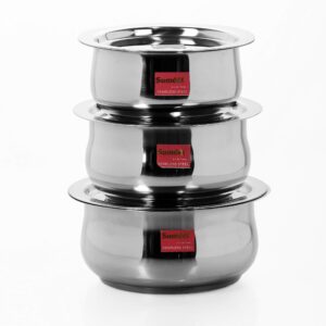 sumeet 3 pcs stainless steel induction & gas stove friendly belly shape container set/tope/cookware set with lids size no.10 to no.12