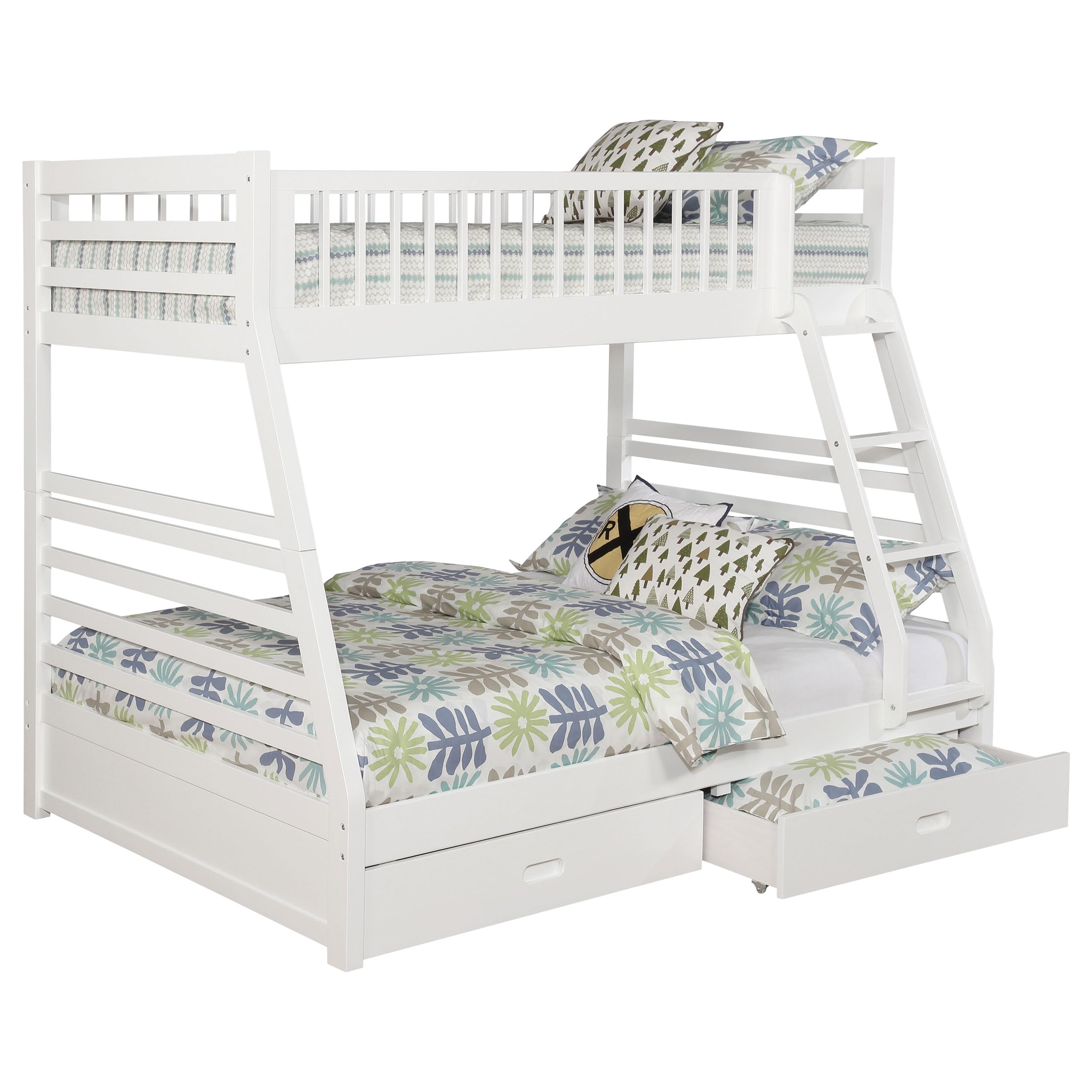 Coaster Home Furnishings Ashton Transitional Wood Twin Over Full Size Bunk Bed Frame with Ladder and Guardrails with Two Storage Drawers Fully Slatted Mattress Ready Foundation White 460180